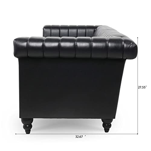 NITYASUNDARA Large Couch,Chesterfield Sofa, 3 Seater Sofa for Living Room,Square handrail Vertical Stripe Sofa Couch,Faux Leather Couch. (Black Sofa)