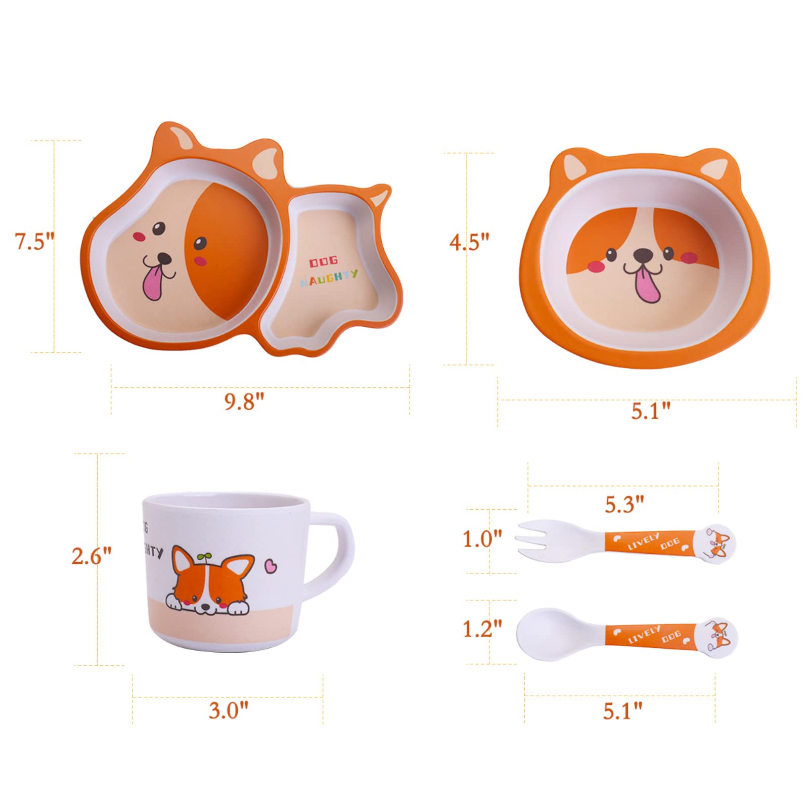 Lacusmall Toddler Plates and Bowls Set,Kids Dinnerware Set,Bamboo Kids Plates and Bowls Sets-5Pcs Kids Dishes Dinnerware Sets with Plate, Bowl,Cup,Fork and Spoon, BPA Free and Dishwasher Safe