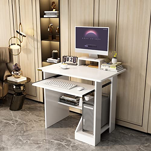 YQ JENMW 29in Computer Desk with Monitor Stand and Keyboard Tray for Small Space, Wood PC Laptop for Bedroom, Writing Table with Shelves for Kids, White