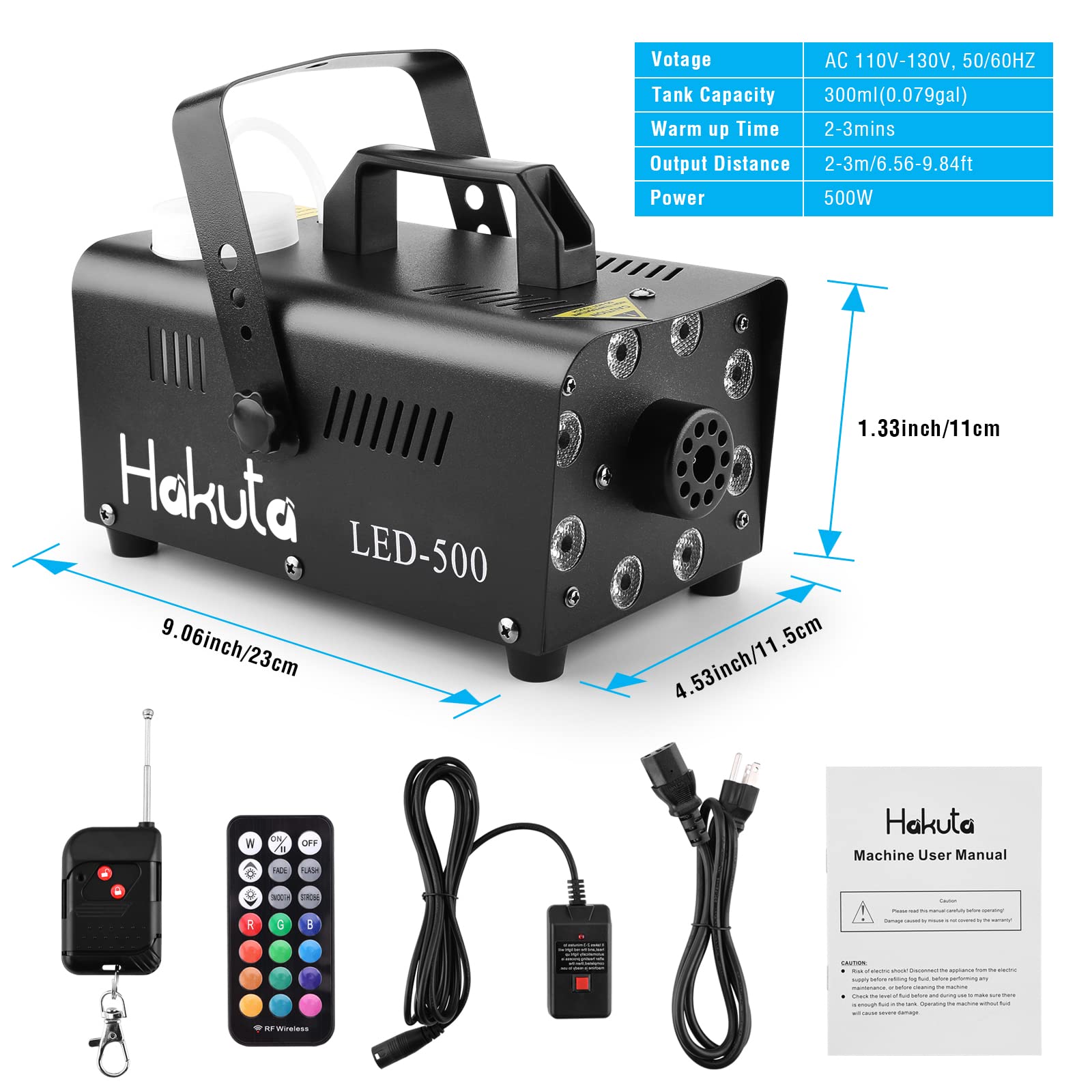 Fog Machine, HAKUTA Automatic Spray Smoke Machine with 8 LED Lights and 13 Colorful LED Lighting Effects, 500W and 2000CFM Fog LED Fog Machine, Perfect for Wedding, Christmas, Halloween, Performance