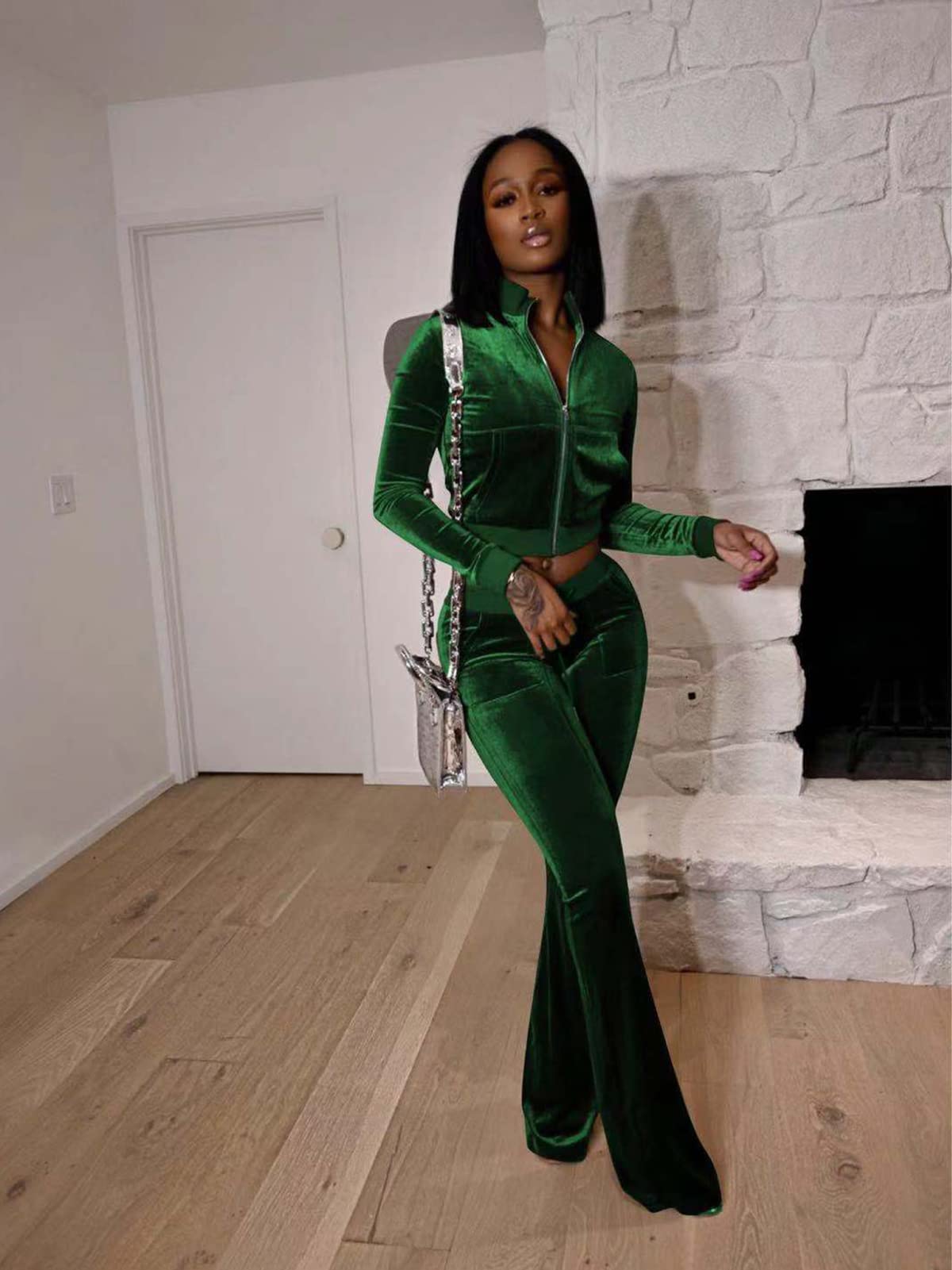 ECHOINE Velour Tracksuit Two Piece Outfits for Women Long Sleeve Zip Crop Top and Bell Bottom Flared Pants Sweatsuit Green