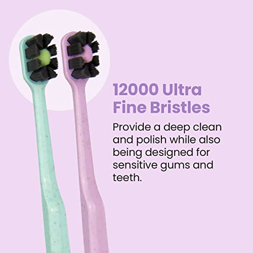 Lindo EcoCare Polishing Toothbrush - Charcoal Infused Bristles & Biodegradable Handle, for Sensitive Gums and Teeth, 12000+ Ultra Fine Charcoal Infused Bristles, Soft and Gentle, Pack of 4