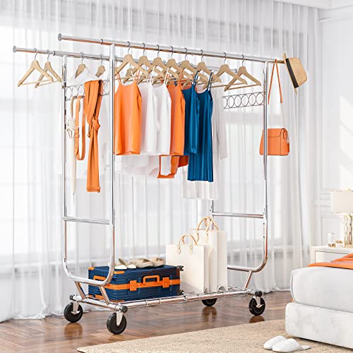 Raybee Clothes Rack Heavy Duty Clothing Rack Loads 600LBS, Clothing Racks for Hanging Clothes, Rolling Clothes Rack with Wheels Garment Rack, Collapsible & Portable Clothing Rack, 76"W x 22"D x 69"H