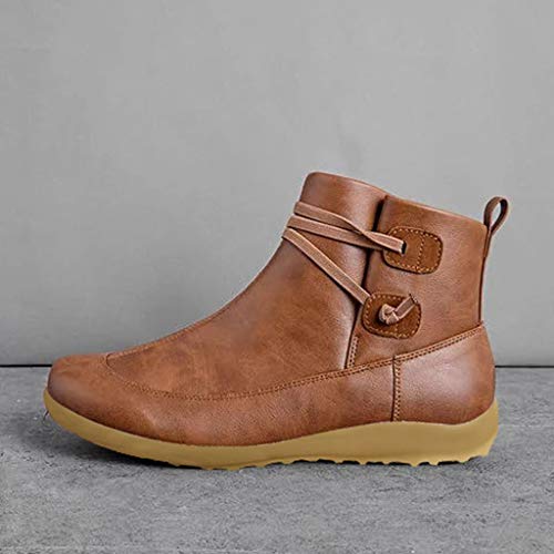 FASDNENDYS Women's Leather Shoes Flat Toe Boots Boots Ankle Winter Round Vintage Dress Booties Women Brown