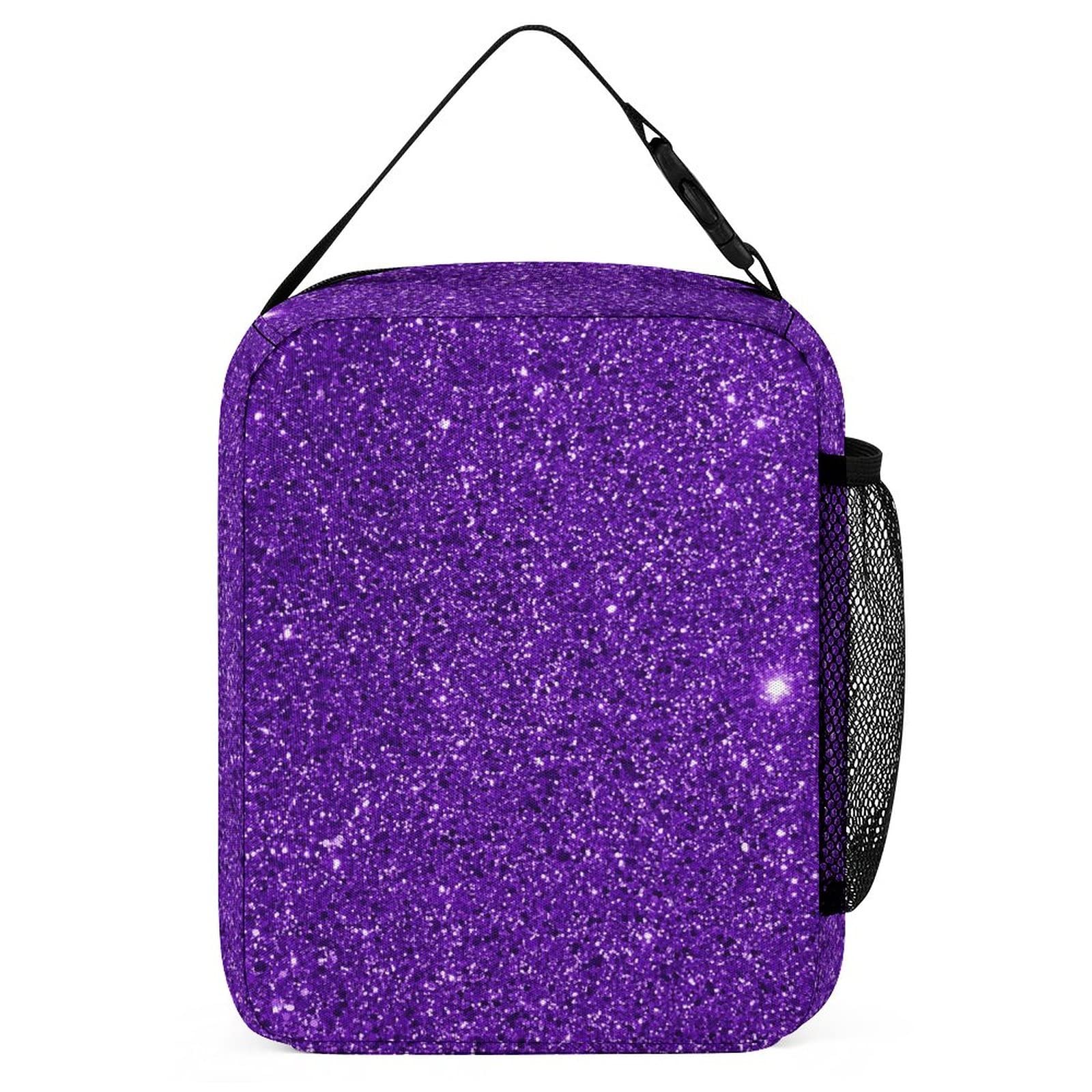 Insulated Lunch Bag Purple Glitter School Lunch Box for 6+ Years Old Boys Girls Bling Thermal Reusable Work Lunch Cooler for Men Women Office