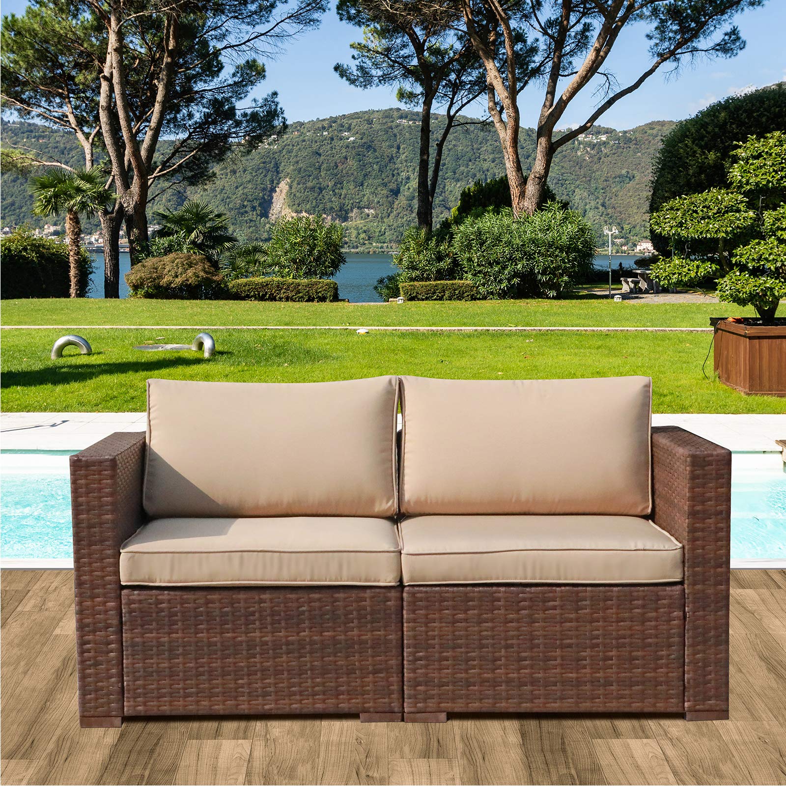 Super Patio Loveseat, 2 Piece Outdoor Furniture Set, All Weather Wicker Loveseat Corner Sofas Thick Beige Cushions, Steel Frame, Brown