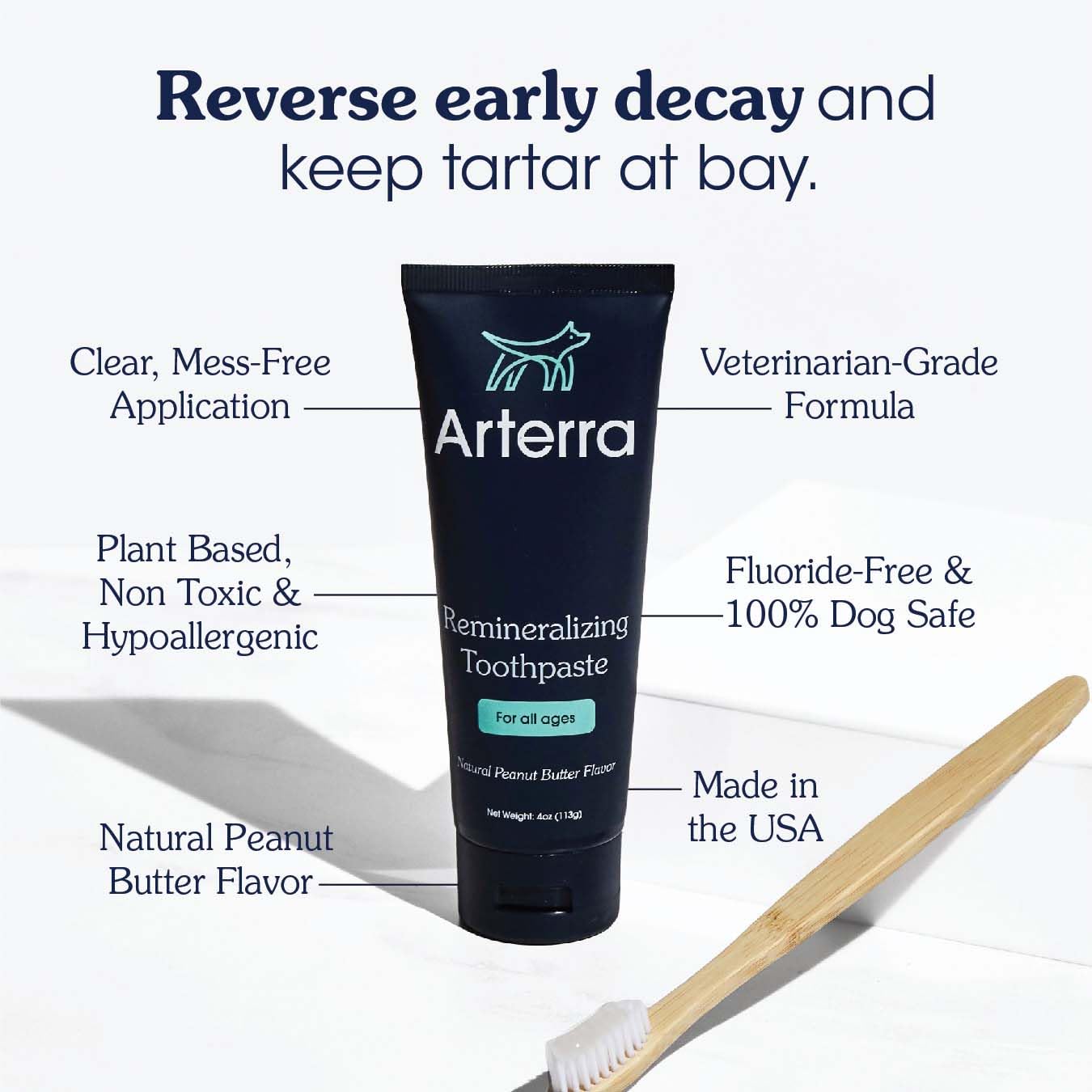 Remineralizing Dog Toothpaste β Vet-Grade, with Nano-Hydroxyapatite, Reverses Early-Stage Decay, Cleans Teeth, Reduces Tartar, Freshens Breath by Arterra Pet Science, Plant-Based, Natural Flavor, 4oz