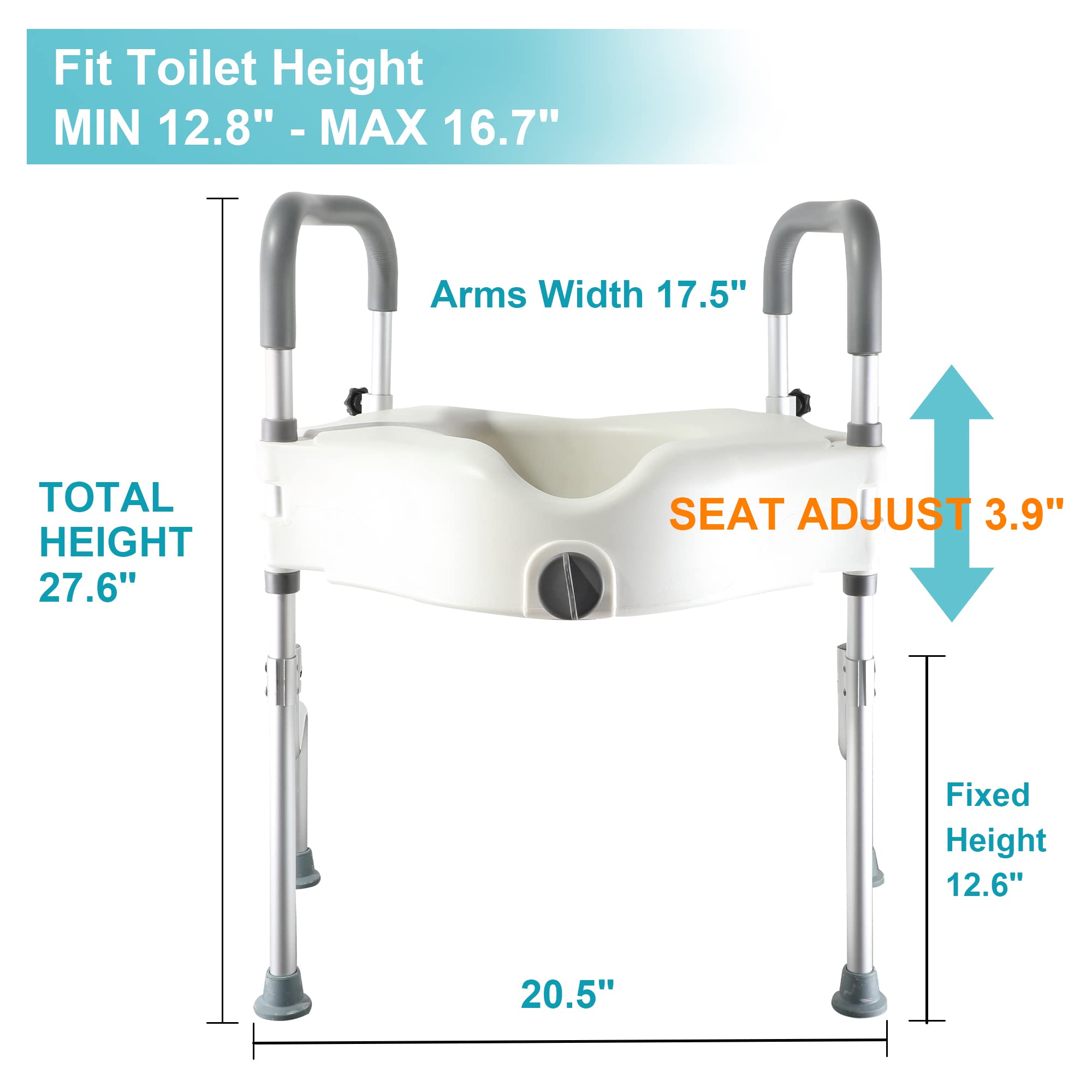 Lock Raised Toilet Seat with Handles, 5 Inch Toilet Seat Riser Heavy Duty with Adjustable Arms and Legs Fits Most Toilets, Elevated Toilet Seat 300 LBS(Regular, Grey+White)