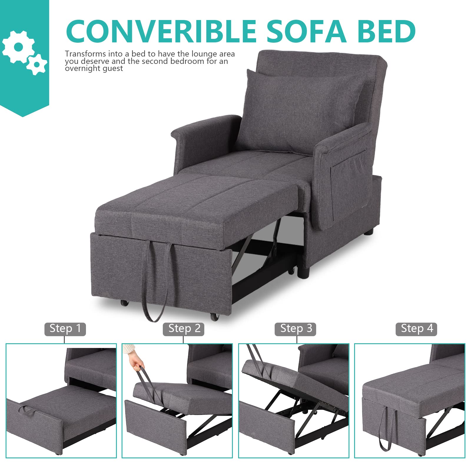 OQQOEE Sleeper Chair, 3 in 1 Chair Bed Sleeper for Adults, Pull Out Sleeper Sofa Convertible Single Lounge Chair with Pillow, Side Pockets for Living Room Small Space (Dark Grey)…
