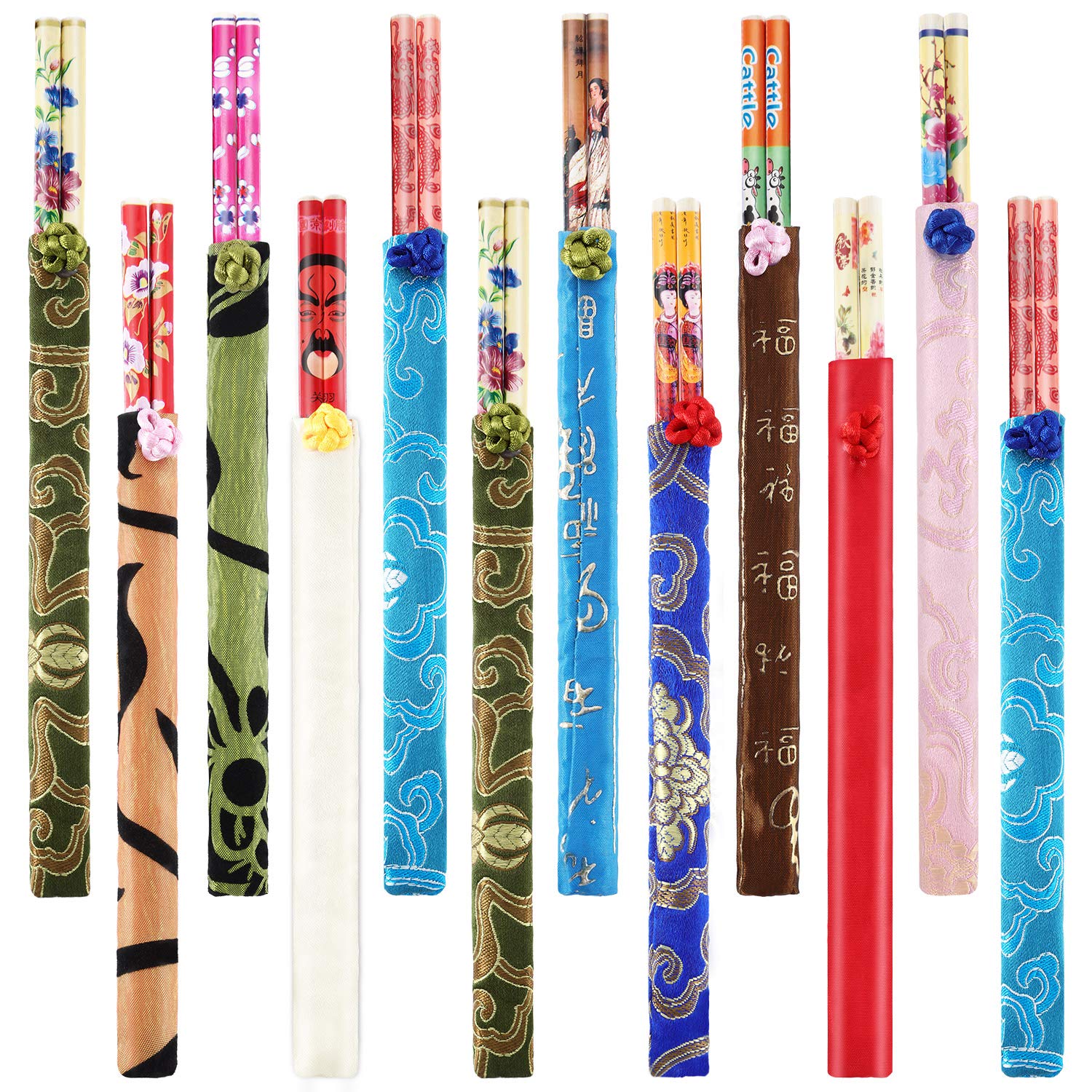 Hotop 20 Pairs Chinese Bamboo Chopsticks with Elegant Silk Brocade Pouch Multicolored for Chinese New Year and Valentine's Day