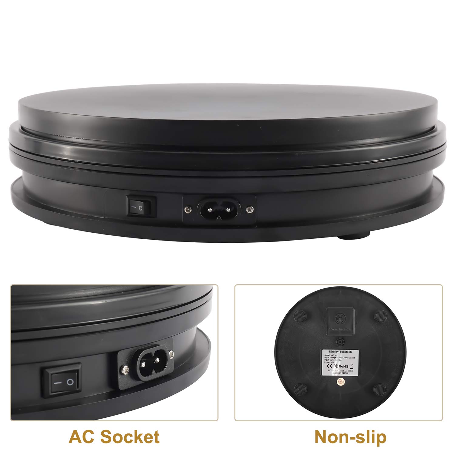 Homend 110V Electric Motorized Rotating Turntable Display Stand, 10inch/25cm Diameter 22lb Load, 360 Degree Rotating in Either Direction, for Photography, Showcase (Black, 10inch/25cm)