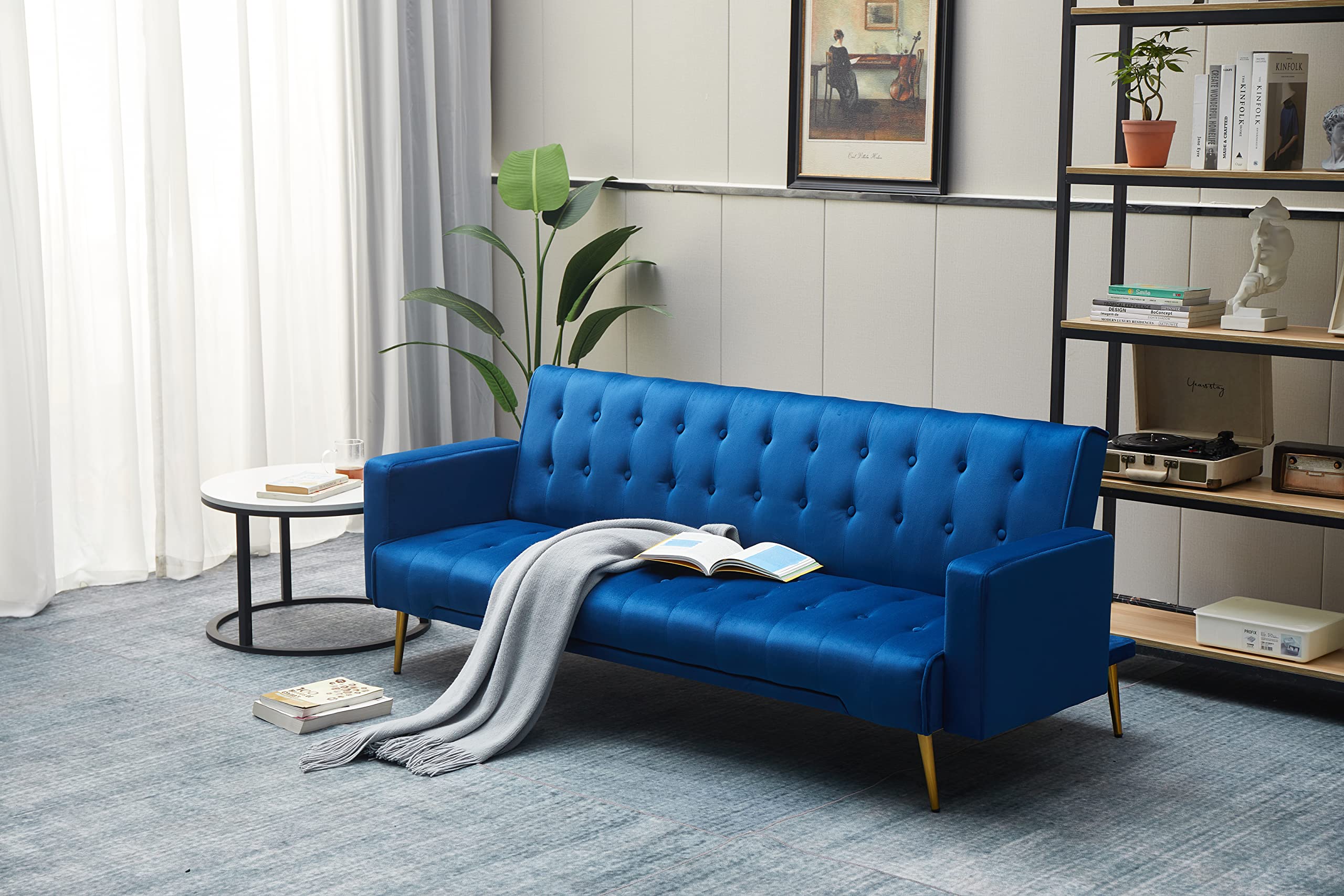 MODCART 75Inch Velvet Futon Sofa Bed with Adjustable Back, Convertible Futon Couch, w/Tufted Buttoned Design & Metal Legs, Upholstered Slpper Bed for Home, Small Space Apartment