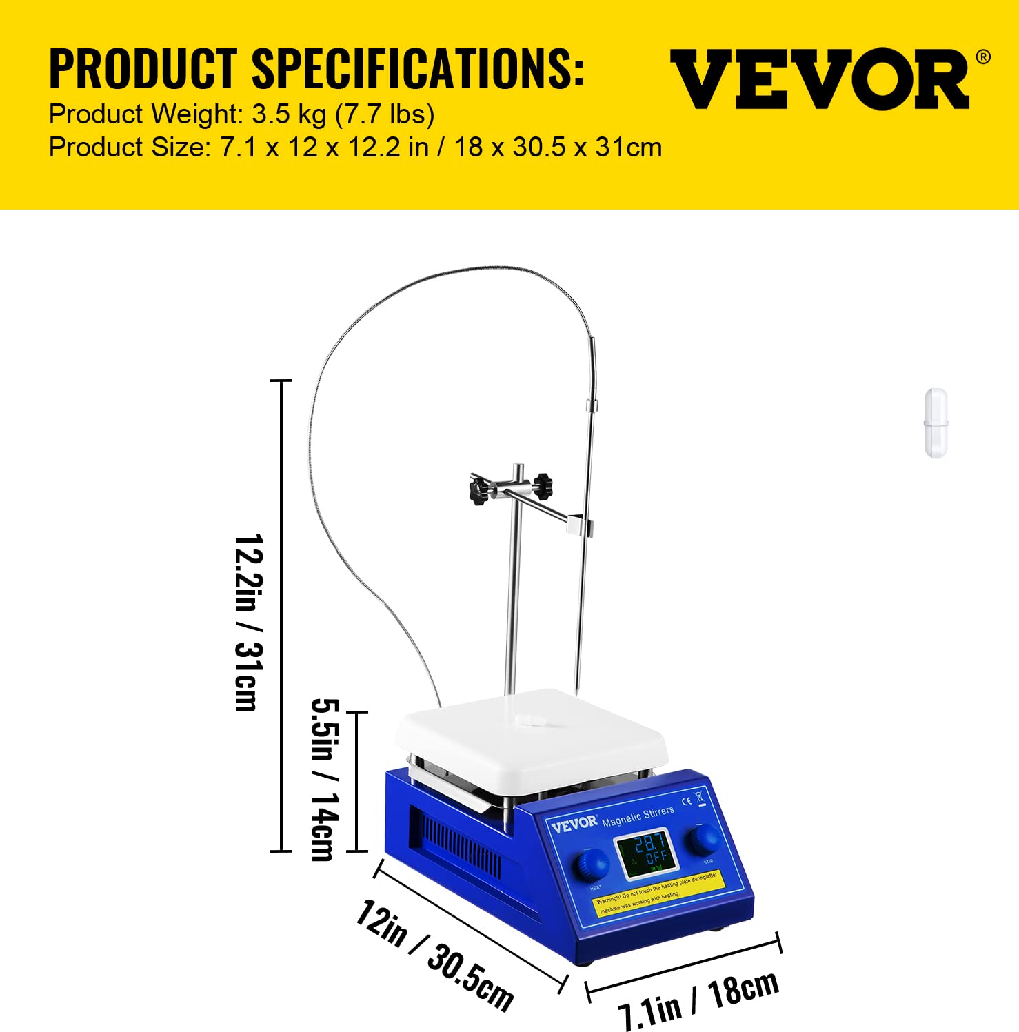 VEVOR Magnetic Stirrer Hot Plate, 5000ml Capacity 320°C/608°F Max Temp Ceramic Coated Lab Stirrer 200-2000RPM Digital Magnetic Stirrer with Support Stand, Temp Probe Sensor and Stirring Bar