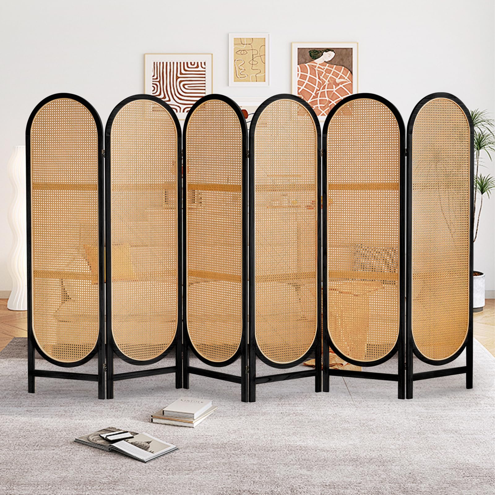 Leesinwing 6 Panels Room Dividers and Folding Privacy Screens, Hand-Woven Rattan Room Divider Wall, Wood Room Divider Freestanding Room Partitions Screen for Home Office Bedroom, Black
