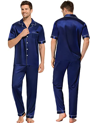 SWOMOG Women Satin Silk Pjs Sets Short Sleeve Top & Pants Soft Loose Loungewear Matching Couple Pajamas Sets Navy Blue