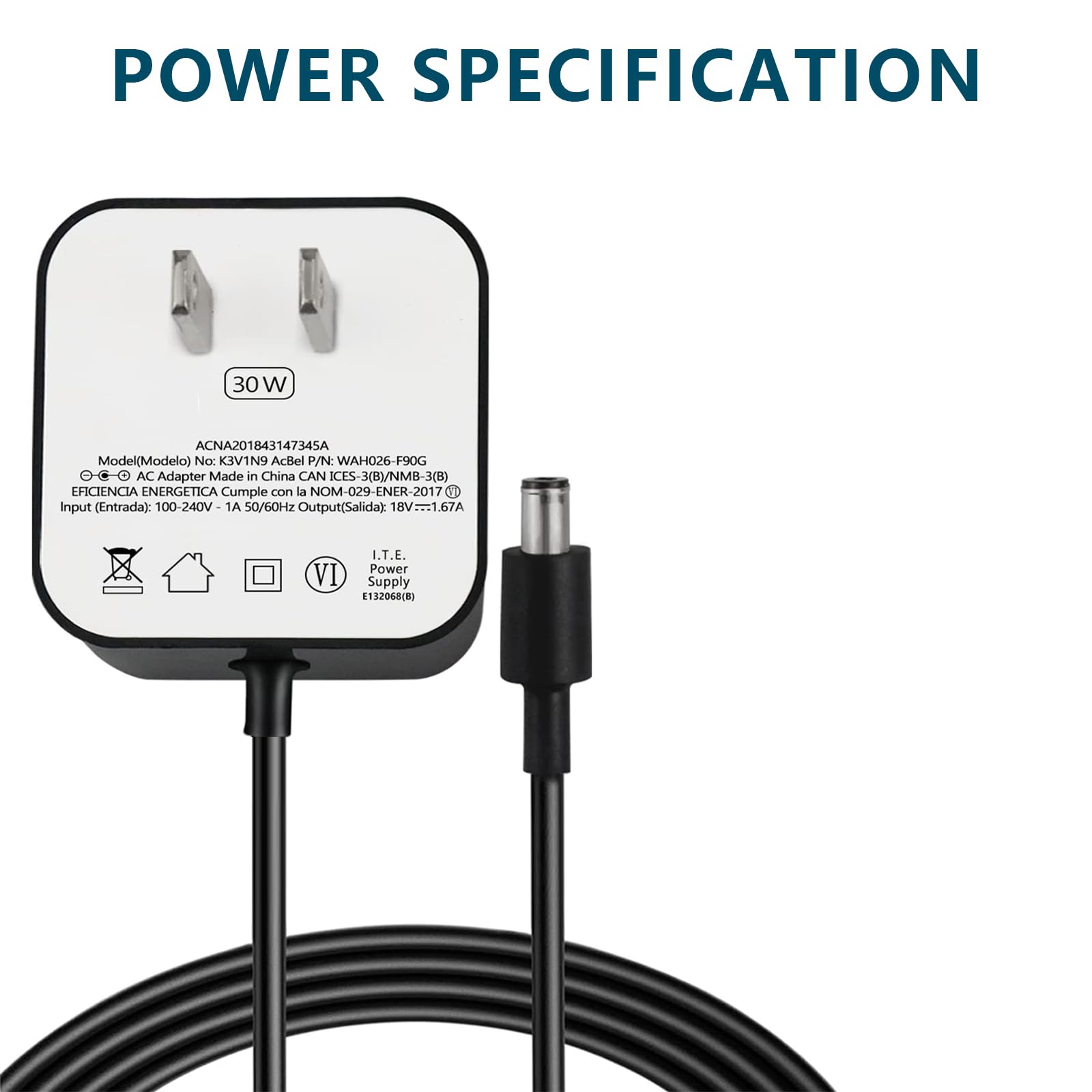 ZTTXL 30W Power Adapter for Echo (4th Gen), Echo (3rd Gen), Echo Show 10 (3rd Gen), Echo Show (2nd Gen), Echo Show 8, and Echo Plus (2nd Gen), 5.8Ft AC Adapter Power Cord