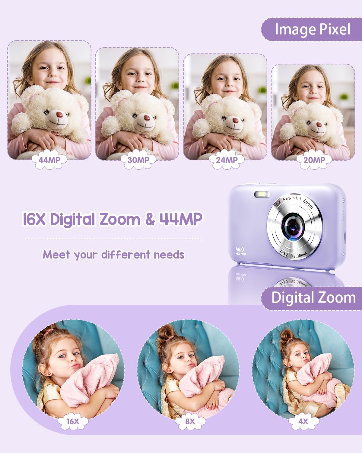 Digital Camera, FHD 1080P Kids Camera with 32GB SD Card 44MP Point and Shoot Camera with 16X Digital Zoom, Compact Portable Small Digital Camera for Teens Students Kids Girls Boys Beginner-Purple