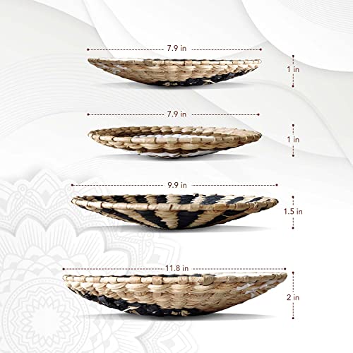 Wicker Wall Basket Decor Set of 4 - Black, Brown & White - Woven Boho Macrame Wall Hanging - Hook Attached for EASY Hanging - Wall Hanging Decor for Farmhouse Style