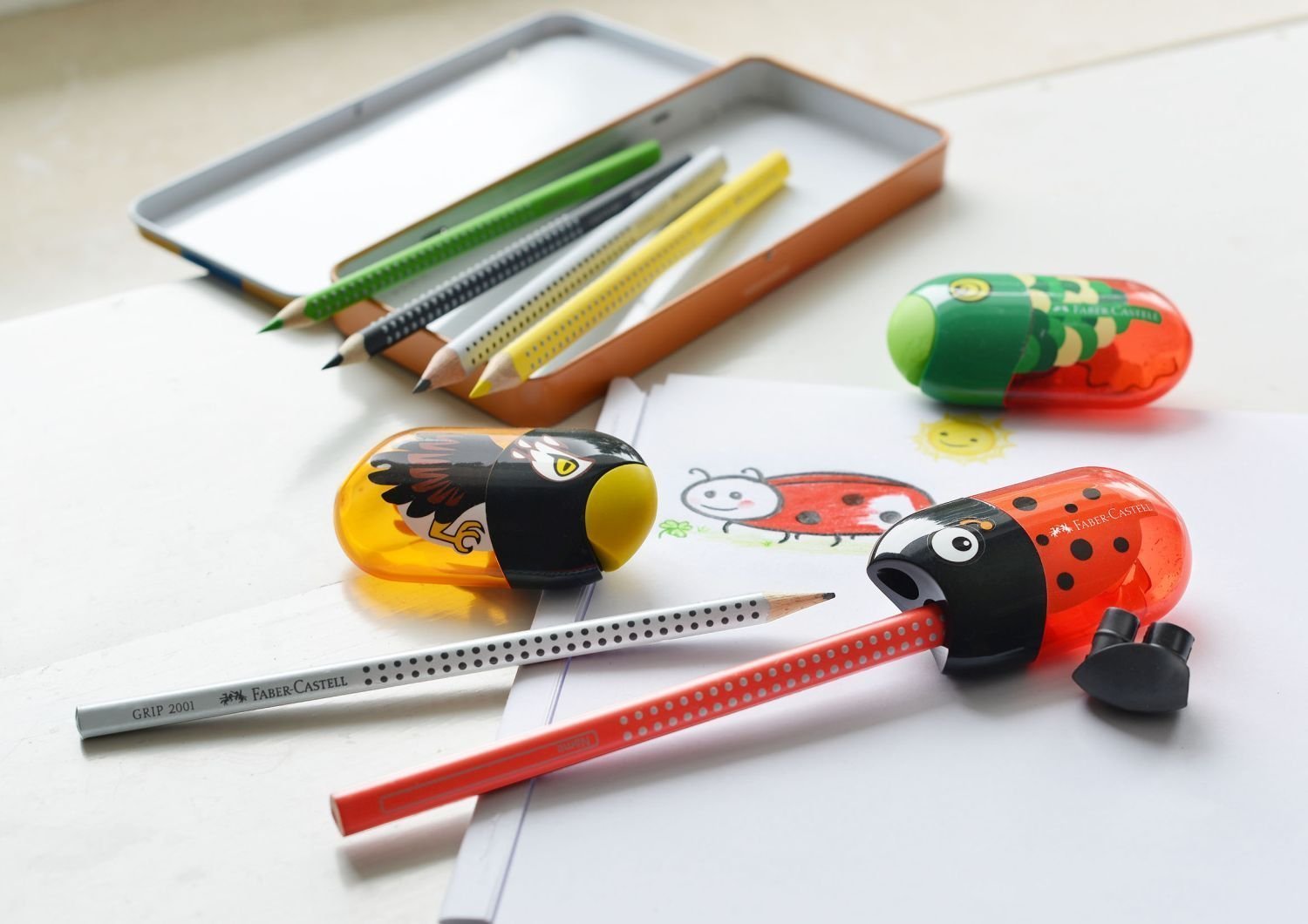 Faber-Castell Pencil Sharpener Kids 2 Hole (Standard & Jumbo) with Eraser & Container - 3 Colorful Fun Design
