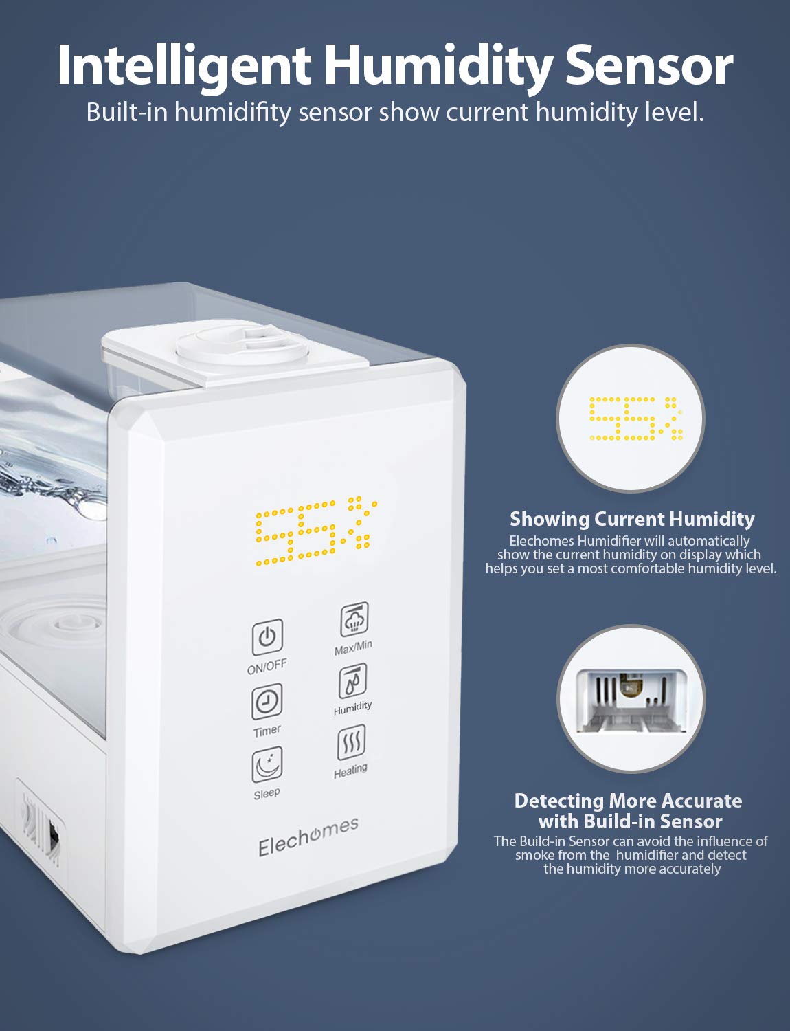 Elechomes Humidifiers for Bedroom (6L), Ultra-Quiet Warm and Cool Mist Humidifiers for Home, Baby and Plants, Humidity Sensor, Sleep Mode, Timer, UC5501, White