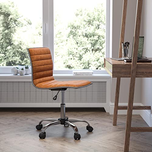 Flash Furniture Alan Office Task Chair - Brown Vinyl - Chrome Frame - Armless - Ribbed Back and Seat - Low Back Design