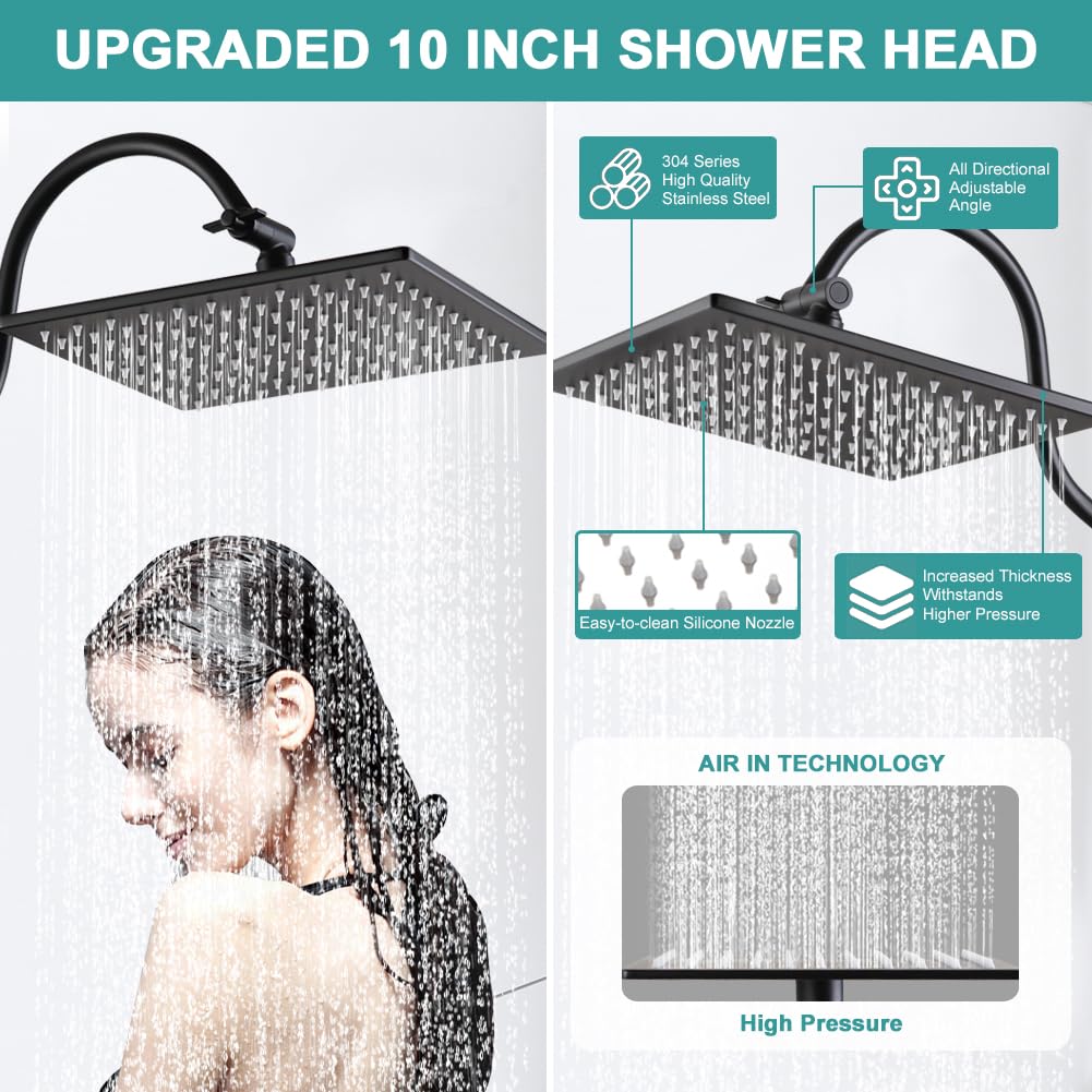 SWKB All Metal 10 inch Shower Head With Handheld Combo With Press Button 2-Way Diverter,Handheld Shower Wand,12 inch Adjustable Shower Extension Arm,Include 71 Inch / 6 ft Hose,Matte Black