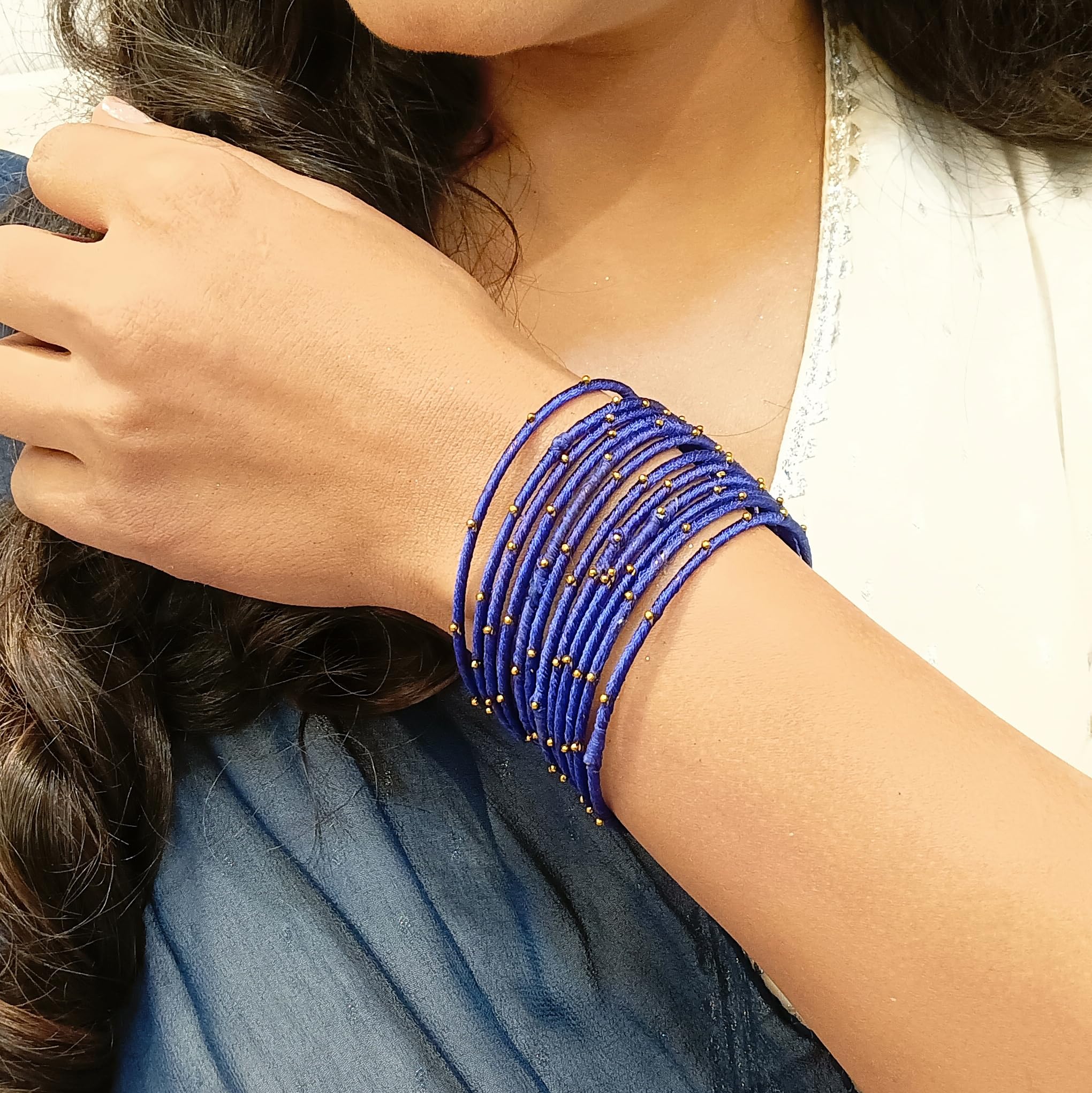 Efulgenz Fashion Jewelry Indian Bollywood Gold Plated Beaded Blue Silk Thread Wedding Bridal Bracelet Bangle Set (12 Pcs)