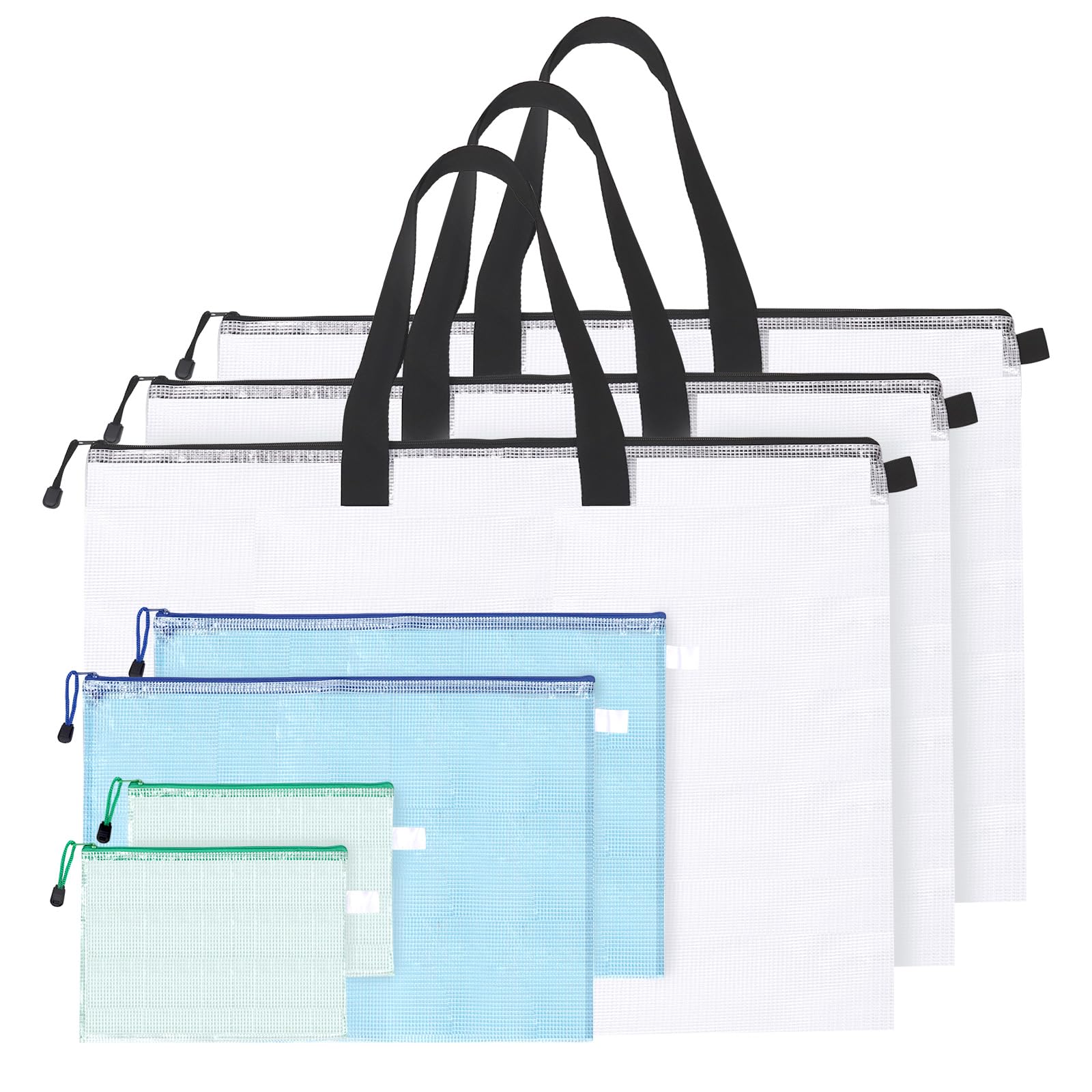 Swpeet 7Pcs 3 Sizes A3 A5 19 x 25 Inch Storage Bag Art Portfolio Bags with Zipper and Handle Assortment Kit, Mesh Folder Organizers Art Portfolio Bags Posters Storage BagTransparent Bag