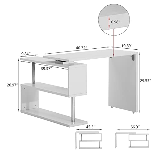MJWDP L-Shaped Corner Computer Desk PC Laptop Table Study Workstation with 2-Tier 360 Degree Rotatable Storage Shelf White
