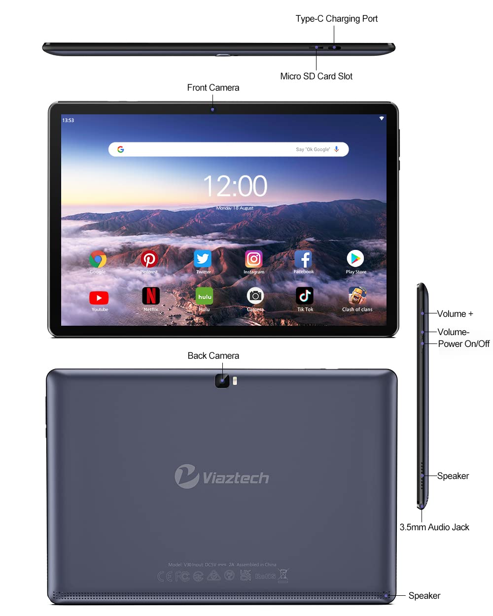 VIAZTECH Android Tablet 10 inch,Android 11 Tablet PC 3GB 32 GB,1.8GHz Processor,Double Camera 8.0 MP,GMS Certified Tablet,Dual Speakers,HD Touch Screen,6000mAh Battery,WiFi,Bluetooth,Type-C