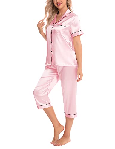 SWOMOG Womens 3 Piece Silk Satin Pajamas Short Sleeve Pjs Sets Shorts and Capri Bottom Pajama Pants Loose Outfit Sleepwear Pink