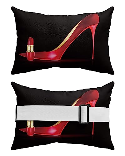 YOKOU Throw Pillow Covers Cases, Red Lipstick High Heel Shose Black Durable Waterproof Cushion Covers with Strap, Ideal for Couches, Cars and Beach Chairs, 4pcs-11"X16"