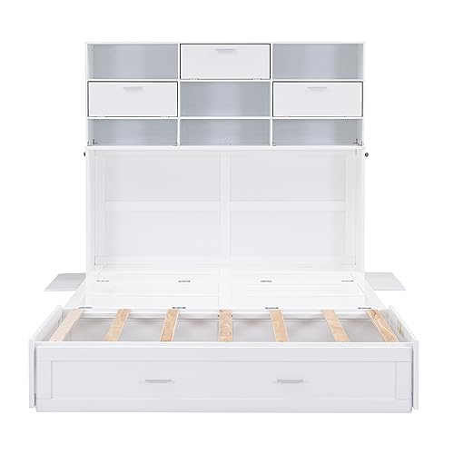 YSWH Queen Murphy Bed Chest, Wood Murphy Bed Frame with Bookcase, Bedside Shelves and Drawer, Versatile Chest Bed Folding Bed for Bedroom Furniture, Foldable Platform Bed Folded into Cabinet