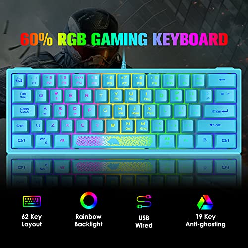 ZIYOU LANG K61 60% Gaming Keyboard Mini Portable with Rainbow RGB Backlit Ergonomic 62Key Layout 19Key Anti-ghosting Mechanical Feel Waterproof USB Wired for PC Mac Windows Gamer Laptop Typists(Blue)