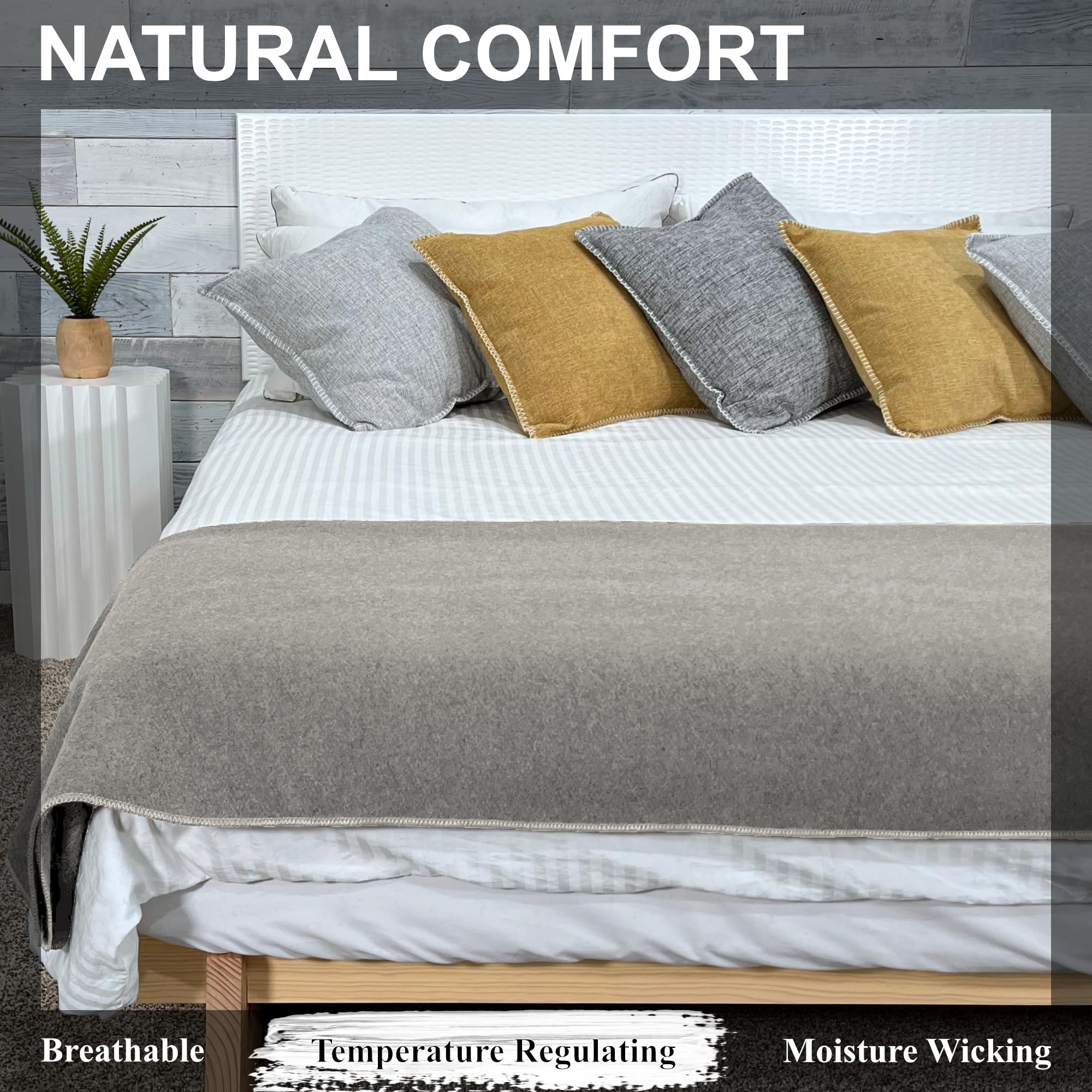 EKTOS 100% Wool Blanket, 90" x 66", Warmest Blanket, Military Blanket, Thick Wool Blanket (Light Grey, Twin Size)