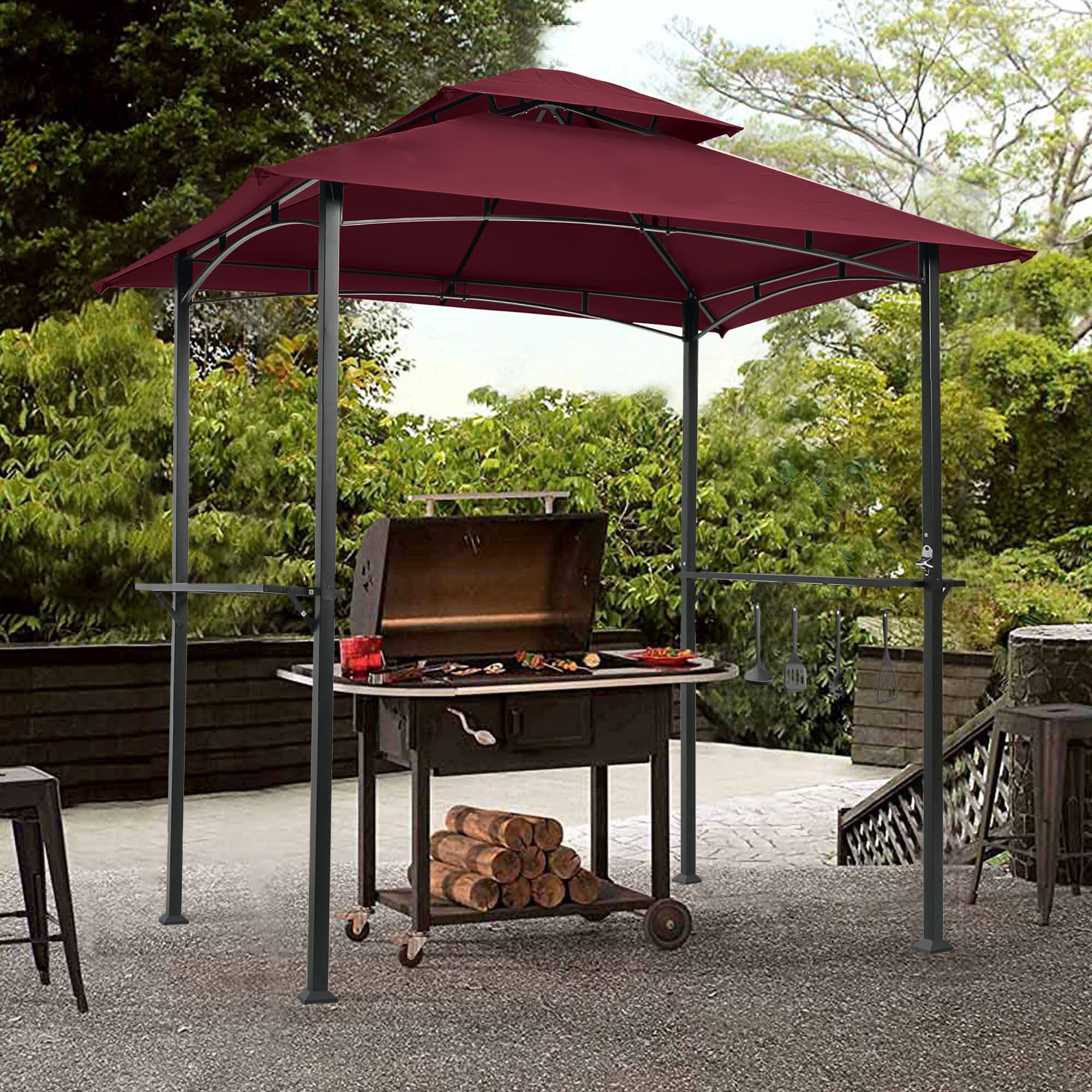 Gazebo with Double Tier Soft Top and Bar Counters, 8 x 5 FT Steel Frame Canopy Tent for BBQ Camping Party, Outdoor Grill Gazebo for Patio Backyard Deck Lawn Garden