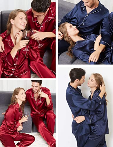 SWOMOG Womens Silk Satin Pajamas Long Sleeve Loungewear Two-piece Sleepwear Button Down Pj Set Black