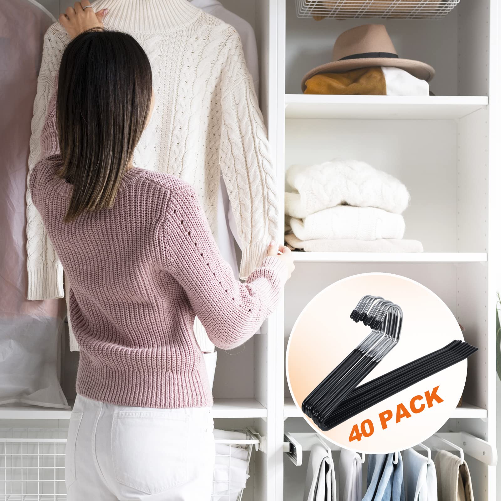 Fixwal Pants Hangers, 40 Pack, Black, 14 x 6.7 Inches, Anti-Rust Chrome Metal Pant Hangers, Non Slip Rubber Coating, Open Ended Design, Closet Storage Organizer