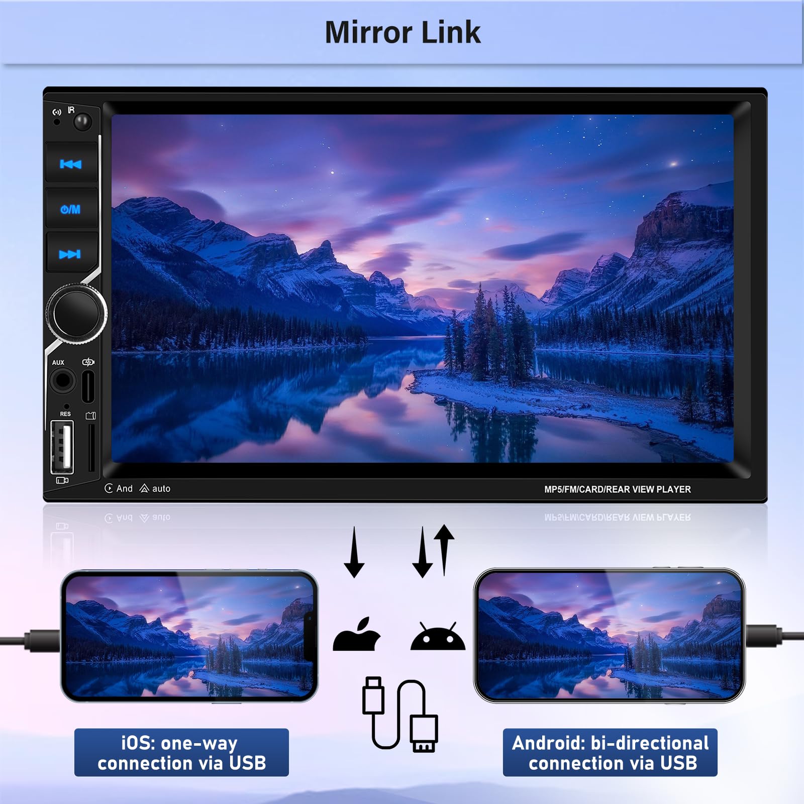 Double Din Car Stereo with Wireless Apple Carplay&Android Auto,7 Inch Touch Screen Car Radio with Bluetooth FM Radio Mirror Link EQ AUX/USB/TF Car Multimedia Player+ Backup Camera&External Microphone
