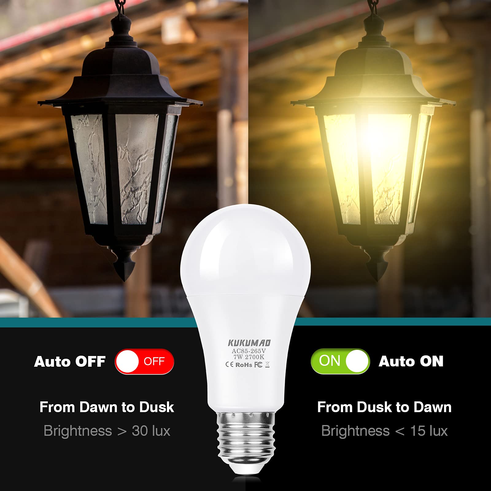Dusk to Dawn Lights Bulb Sensor Light Bulbs Smart Lighting Lamp 7W (60 Watt) 700lm A19 Automatic On/Off, Indoor/Outdoor E26 LED Bulb Light for Yard Porch Patio Garage Garden (Warm White 2 Pack)