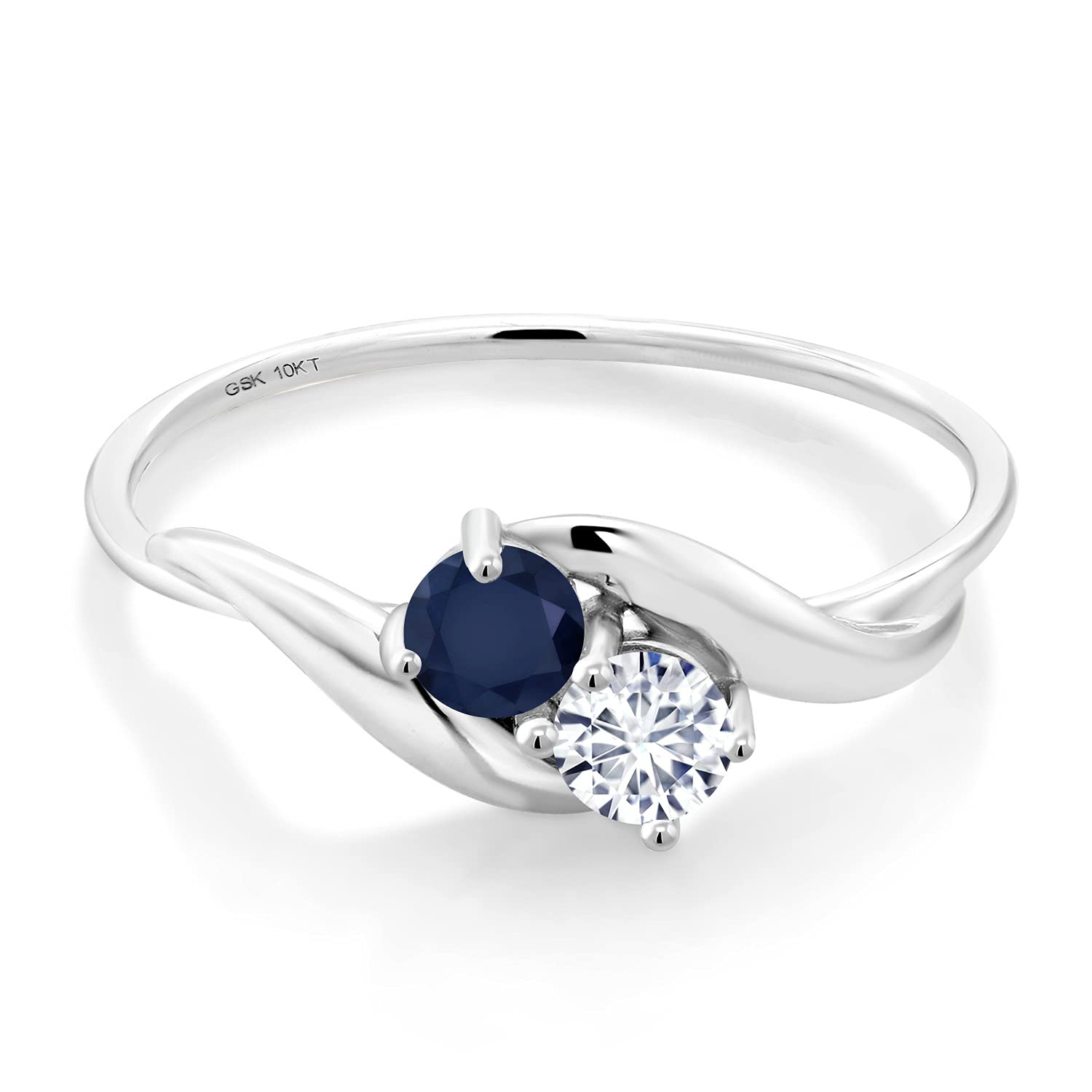 Gem Stone King 10K White Gold Round Blue Sapphire and White Moissanite Engagement Ring For Women (0.38 Cttw, Gemstone Birthstone, Available In Size 5, 6, 7, 8, 9)