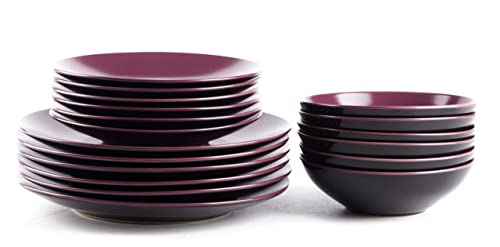HomeVss Stoneware Two-Tone Colors Life 18pc Dinner Set,Outside Shiny Black + Inside Matte Glaze Plum