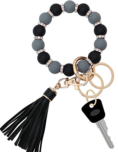 Silicone Key Ring Bracelet for Women, Elastic Beaded Wristlet Keychain Key Holder for Mother’s Day Gift(Grey/Black)