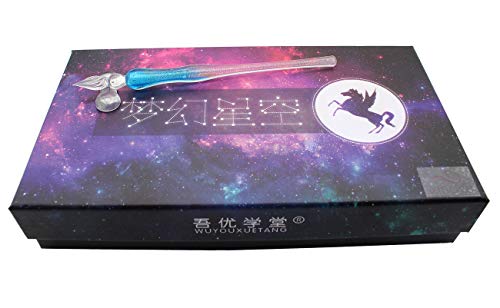 XIAOYU 15 Pieces Glass Dip Pen Set, Handmade Starry Sky Calligraphy Pen and 12 Bottle Inks, Calligraphy Set for Beginners, Lake Blue