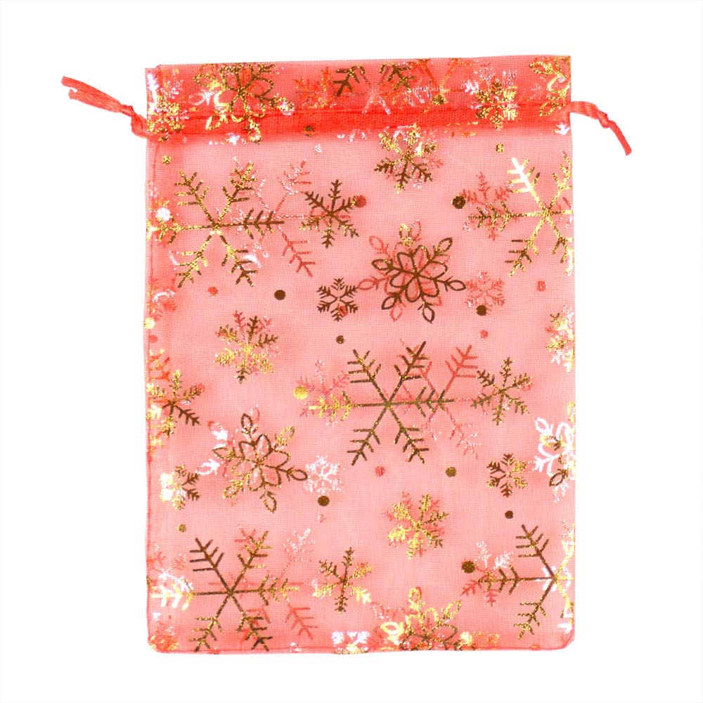 SUNGULF 100pcs Organza Pouch Bag Drawstring Gift Bags (Red Gold Snowflake, 5x7 Inch)