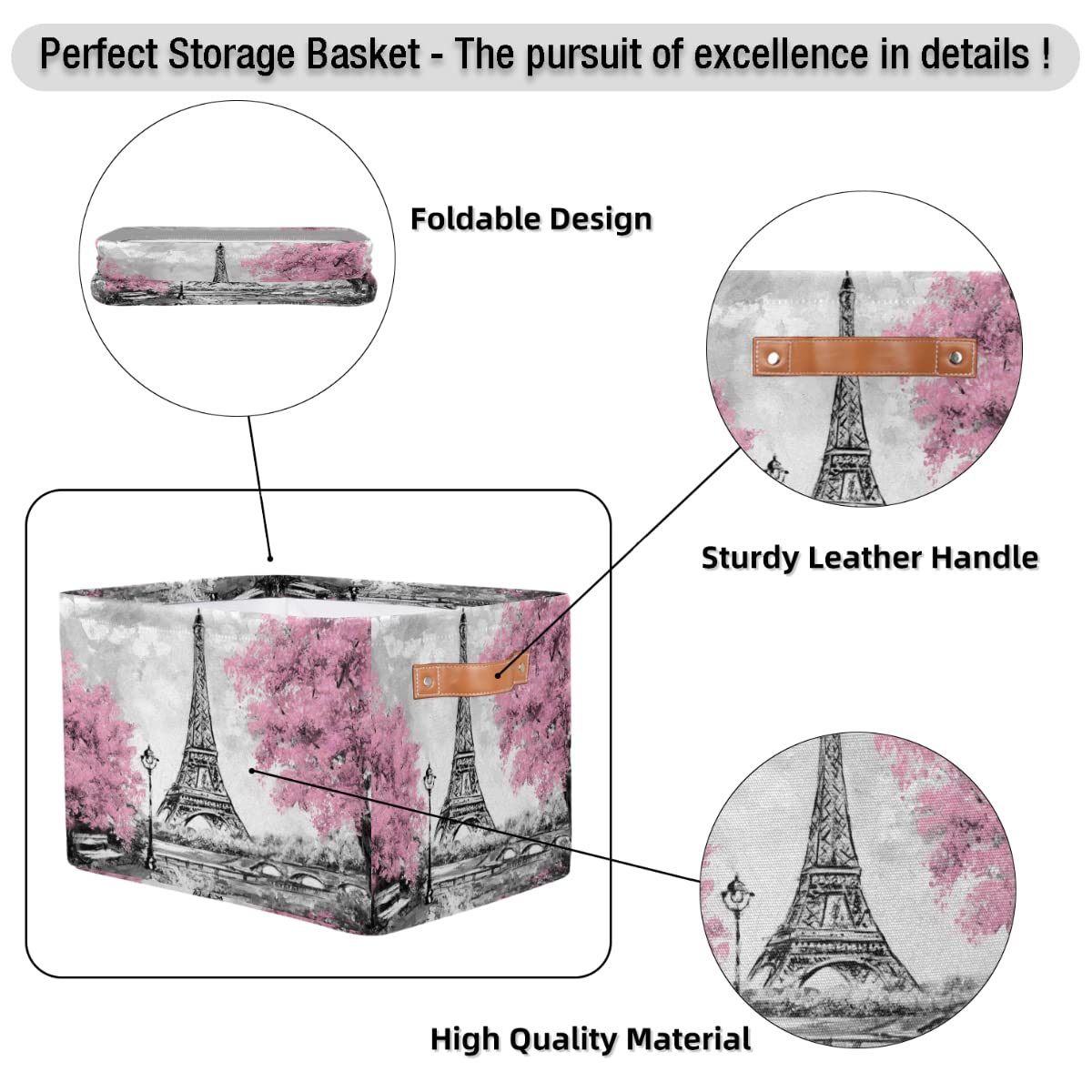 Shelf Storage Basket French Paris Eiffel Tower Canvas Large Storage Collapsible Organizer Toy Boxes Clothes Laundry Storage Bins Cubes with Handles for Closet Bedroom Nursery Home Office 2 Pack