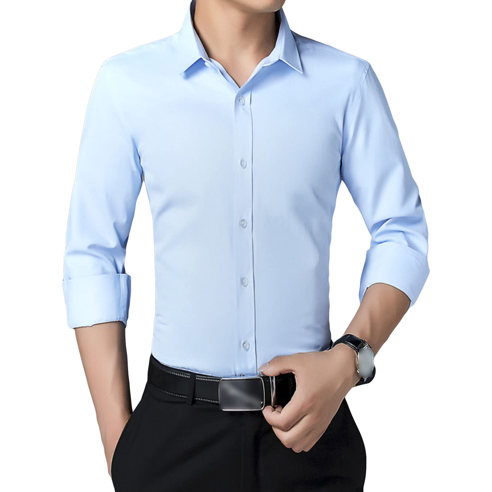 Long Sleeve Stylish Shirts for Men Solid Color Lightweight Slim Shirts Classic Business Button Down Dress Shirt (Blue,Small)