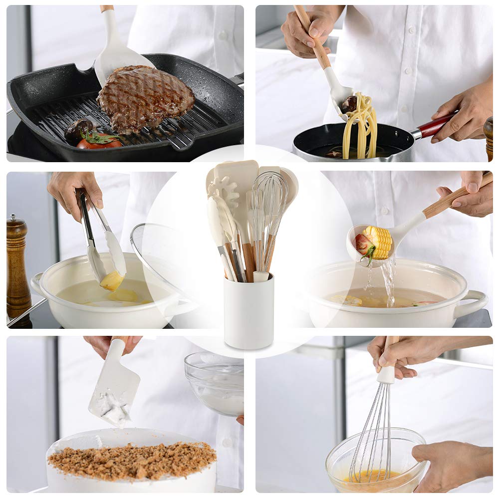 dsfen Silicone Cooking Utensil Set Non-stick Kitchen Utensils Set 10 PCS Heat Resistant Kitchen Tools with Wooden Handle
