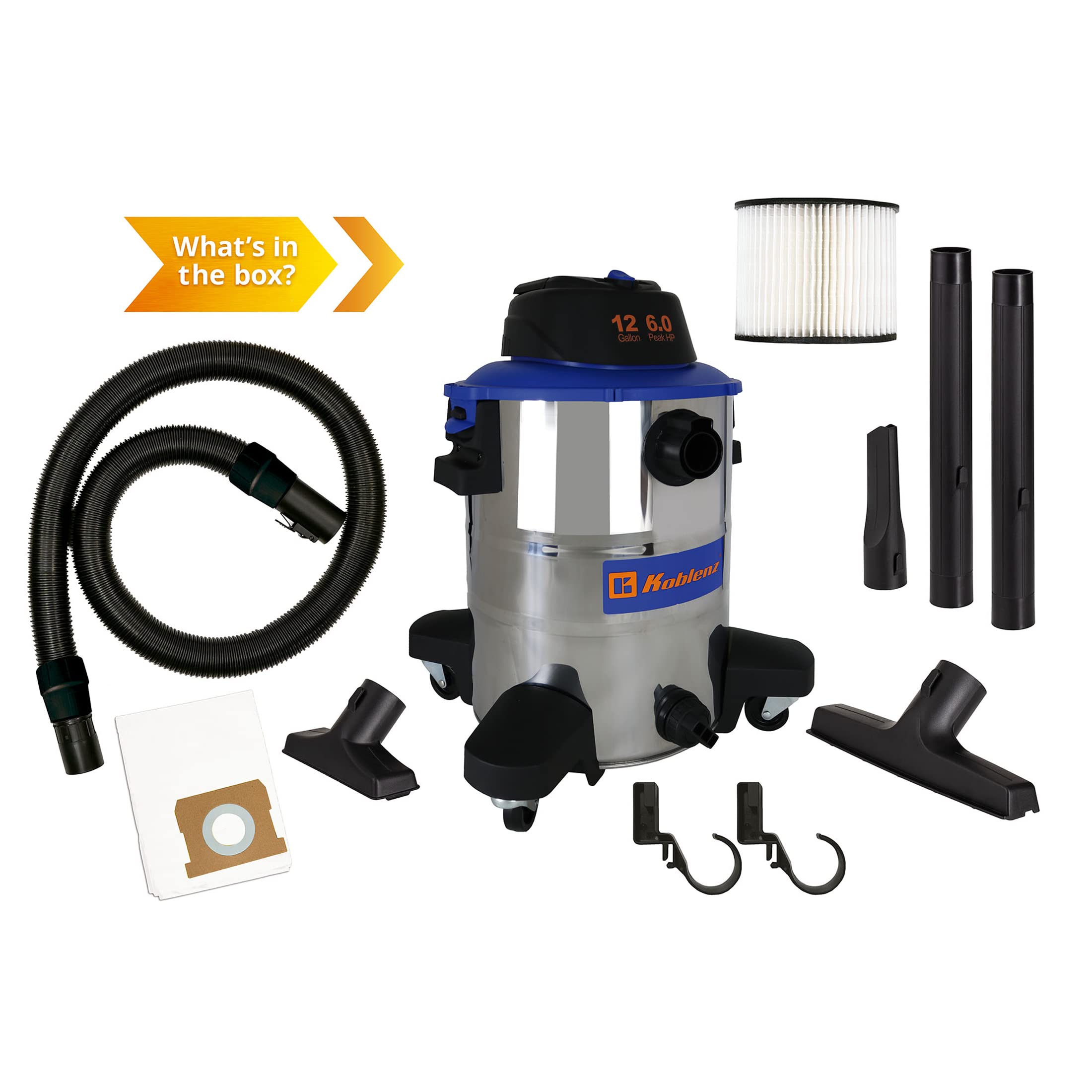 Koblenz WD-12 L314 SS Wet-Dry Vacuum, 12 Gallon Stainless 6.0HP, 1 7/8 x 7 Ft EVA Hose, Stainless+Blue 5 Year Warranty