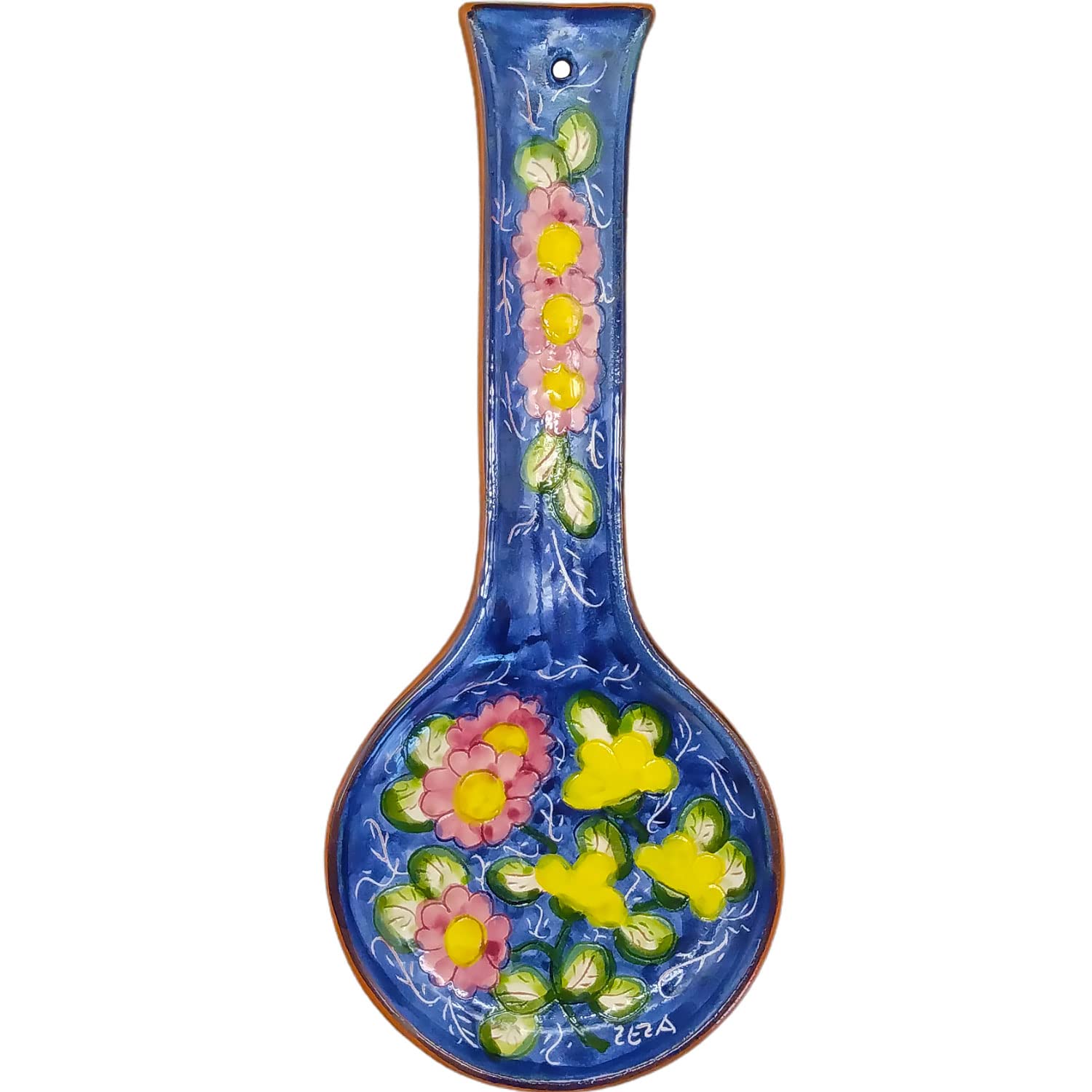 Handmade Hand Painted Portuguese Pottery Ceramic Spoon Rest (Floral), 11'' x 4.75'' x 0.5'' inches